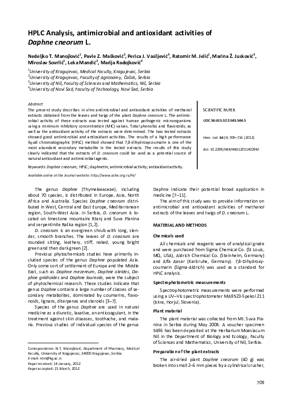 (PDF) HPLC analysis, antimicrobial and antioxidant activities of Daphne ...