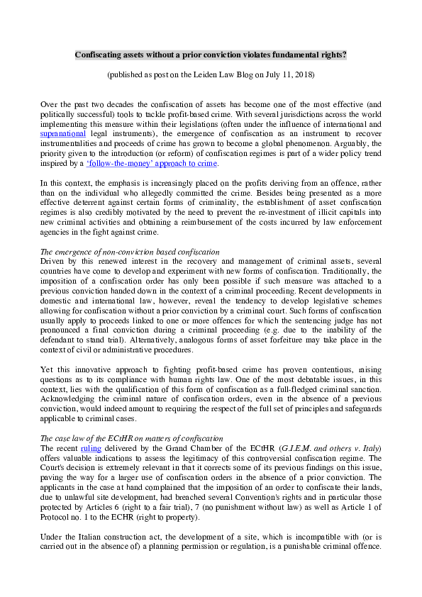(PDF) Confiscating assets without a prior conviction violates ...