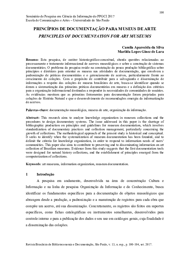 (PDF) PRINCÍPIOS DE DOCUMENTAÇÃO PARA MUSEUS DE ARTE / PRINCIPLES OF ...