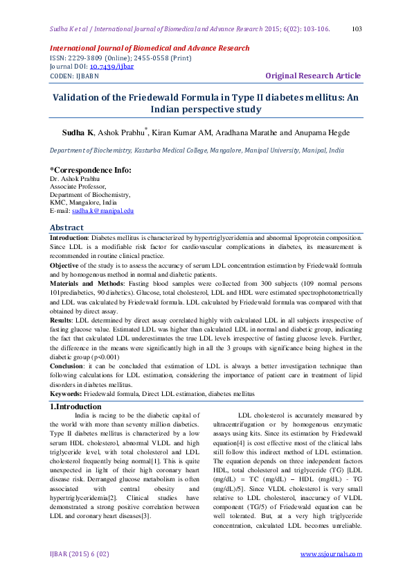 (PDF) Validation of the Friedewald Formula in Type II diabetes mellitus ...