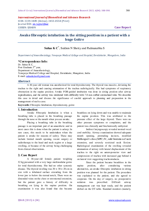 (PDF) Awake fibreoptic intubation in the sitting position in a patient ...