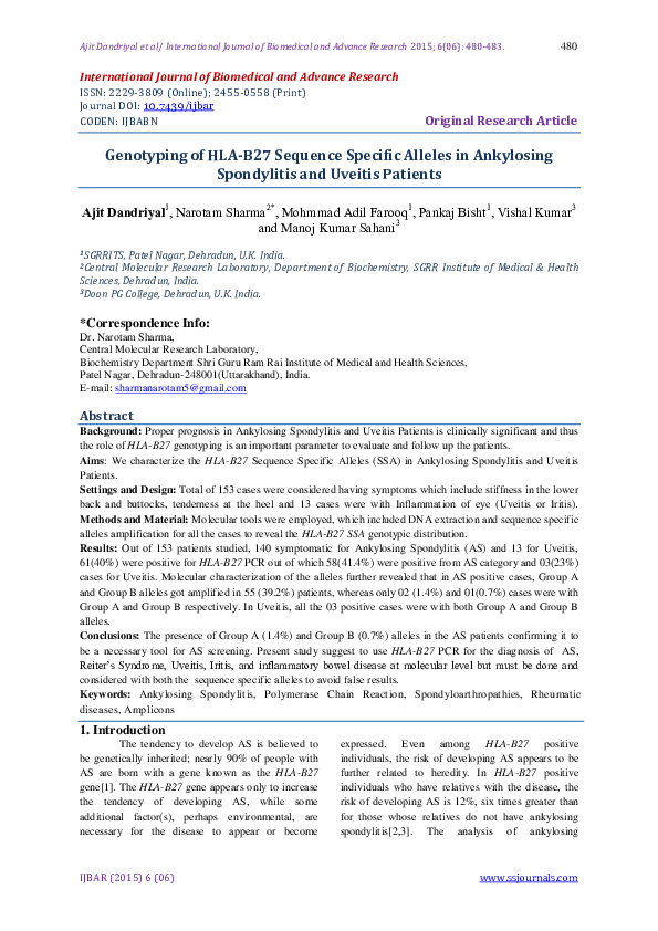(PDF) Genotyping of HLA-B27 Sequence Specific Alleles in Ankylosing ...