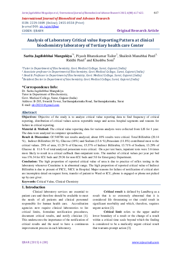(PDF) Analysis of Laboratory Critical value Reporting Pattern at ...