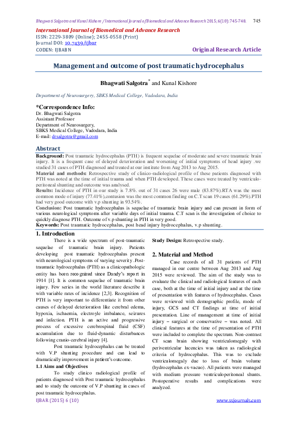 (PDF) Management and outcome of post traumatic hydrocephalus | Scholar Science Journals ...
