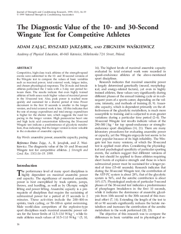(PDF) The Diagnostic Value of the 10- and 30-Second Wingate Test for ...