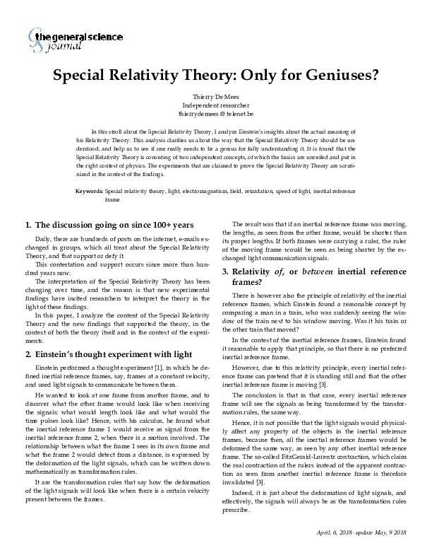 (PDF) Special Relativity Theory: Only for Geniuses