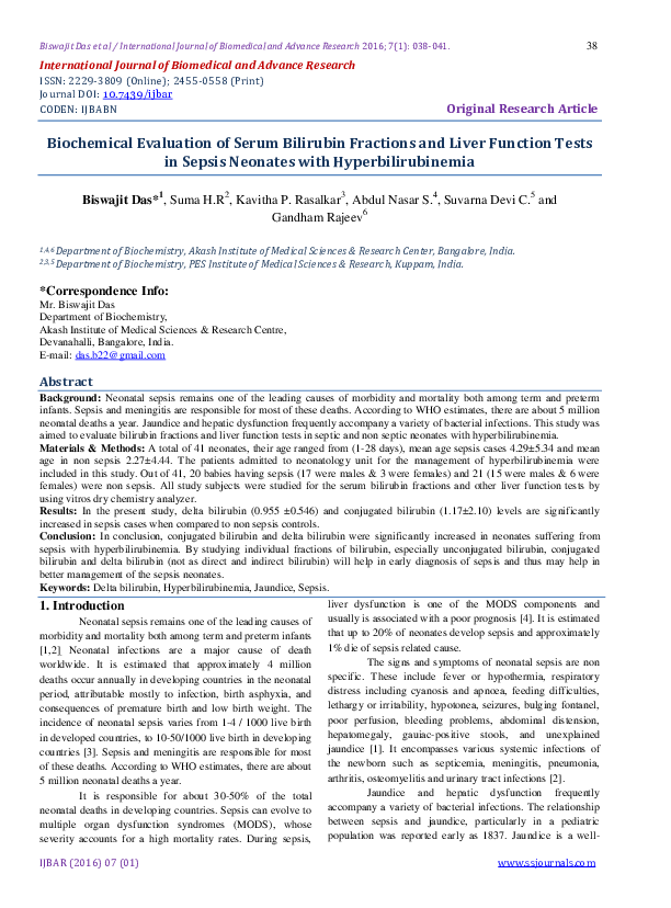 Pdf Biochemical Evaluation Of Serum Bilirubin Fractions And Liver Function Tests In Sepsis