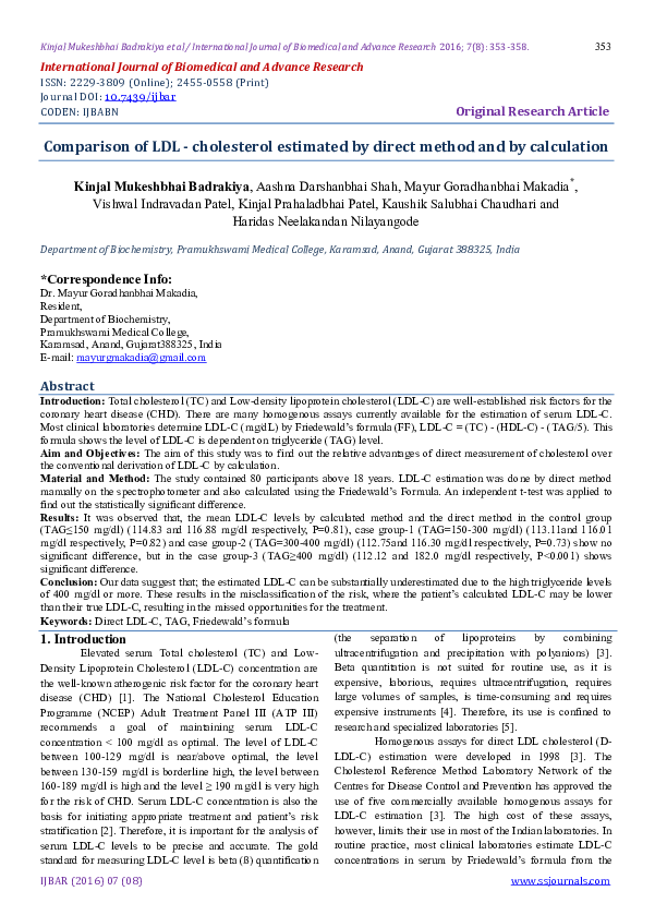 (PDF) Comparison of LDL -cholesterol estimated by direct method and by ...