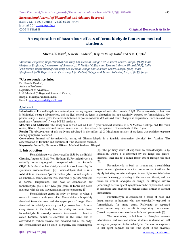 (PDF) An exploration of hazardous effects of formaldehyde fumes on ...