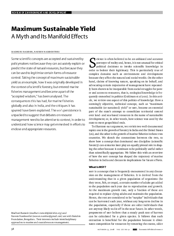 (PDF) Maximum Sustainable Yield: A myth and its manifold effects