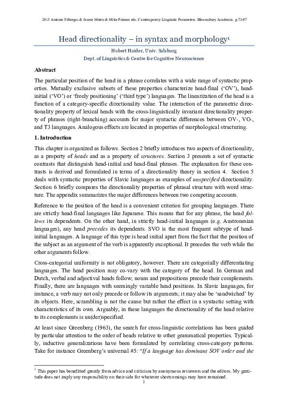 (PDF) Head directionality in syntax and morphology