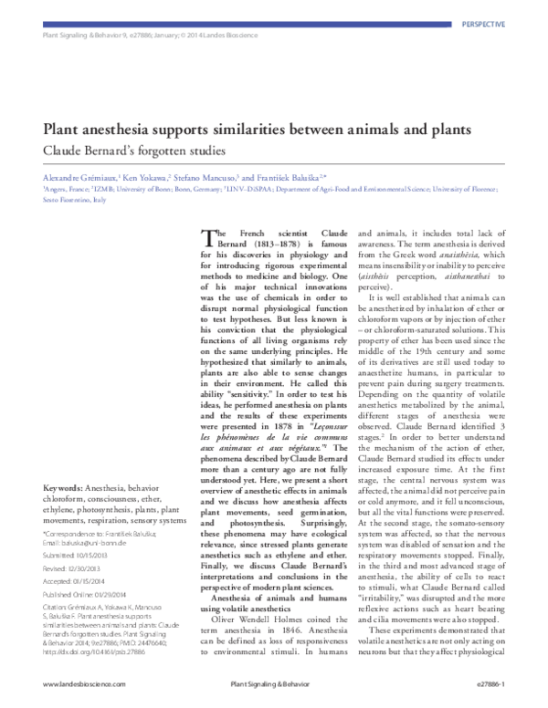 (PDF) Plant Anesthesia Supports Similarities Between Animals and Plants