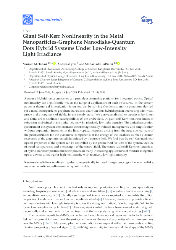 (PDF) Giant Self-Kerr Nonlinearity in the Metal Nanoparticles-Graphene Nanodisks-Quantum Dots ...