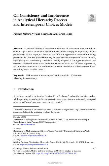 Pdf On Consistency And Incoherence In Analytical Hierarchy Process And Intertemporal Choices