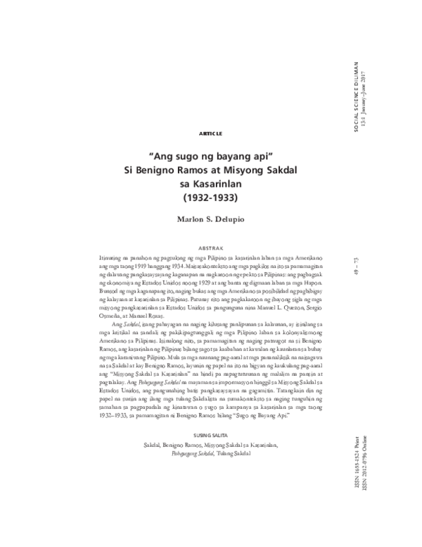 (PDF) " Ang sugo ng bayang api " Si Benigno Ramos at Misyong Sakdal sa ...