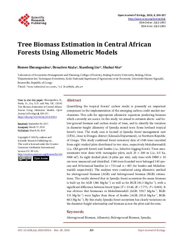 Pdf Tree Biomass Estimation In Central African Forests Using Allometric Models