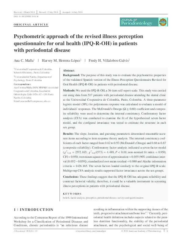 (PDF) Psychometric Approach of the Revised Illness Perception Questionnaire for Oral Health (IPQ ...