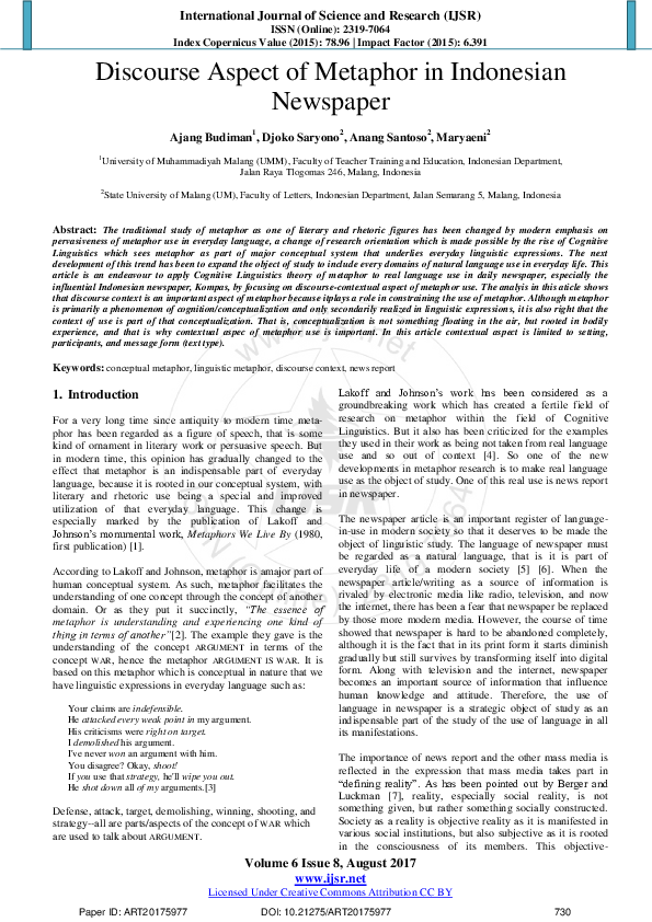 (PDF) Discourse Aspect of Metaphor in Indonesian Newspaper