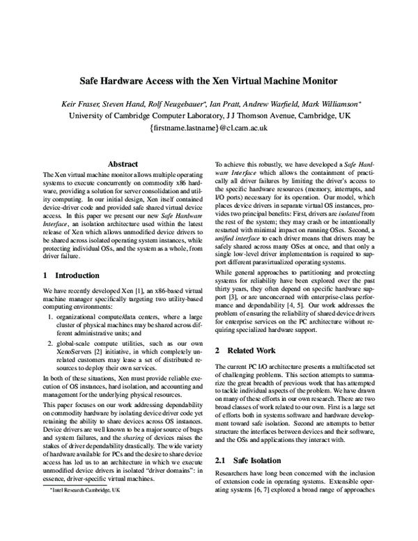 (PDF) Safe hardware access with the Xen virtual machine monitor