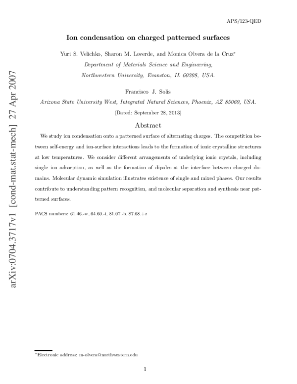 (PDF) Ion condensation on charged patterned surfaces | Sharon Loverde ...