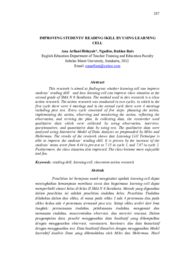 (PDF) IMPROVING STUDENTS' READING SKILL BY USING LEARNING CELL