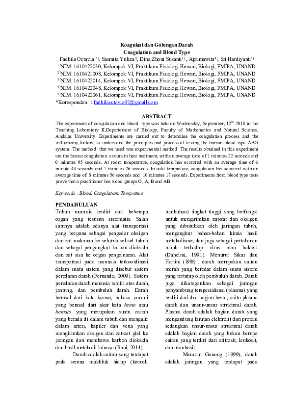 (PDF) Koagulasi dan Golongan Darah (Coagulation and Blood Type)