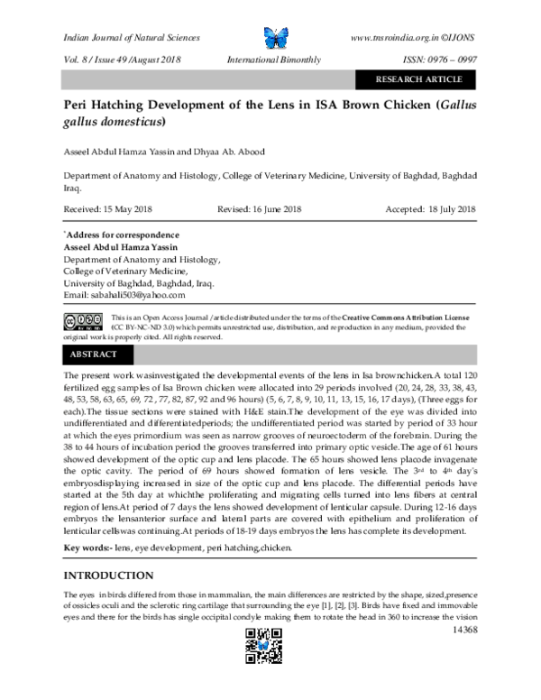 (PDF) Peri Hatching Development of the Lens in ISA Brown Chicken ...