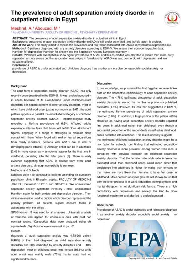 (PDF) The prevalence of adult separation anxiety disorder in outpatient clinic in Egypt