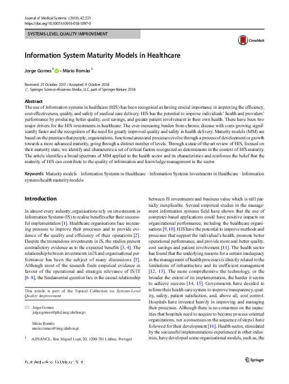 (PDF) Information System Maturity Models in Healthcare
