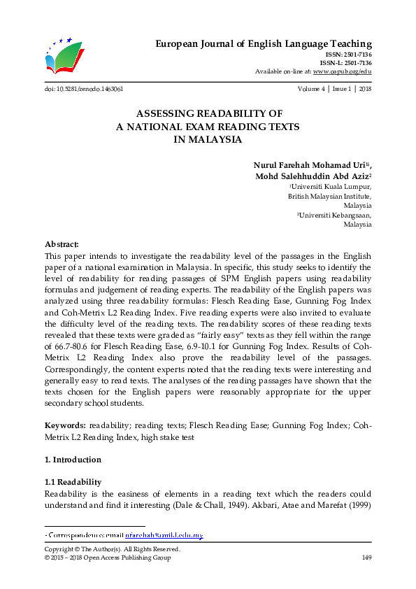 (PDF) ASSESSING READABILITY OF A NATIONAL EXAM READING TEXTS IN MALAYSIA