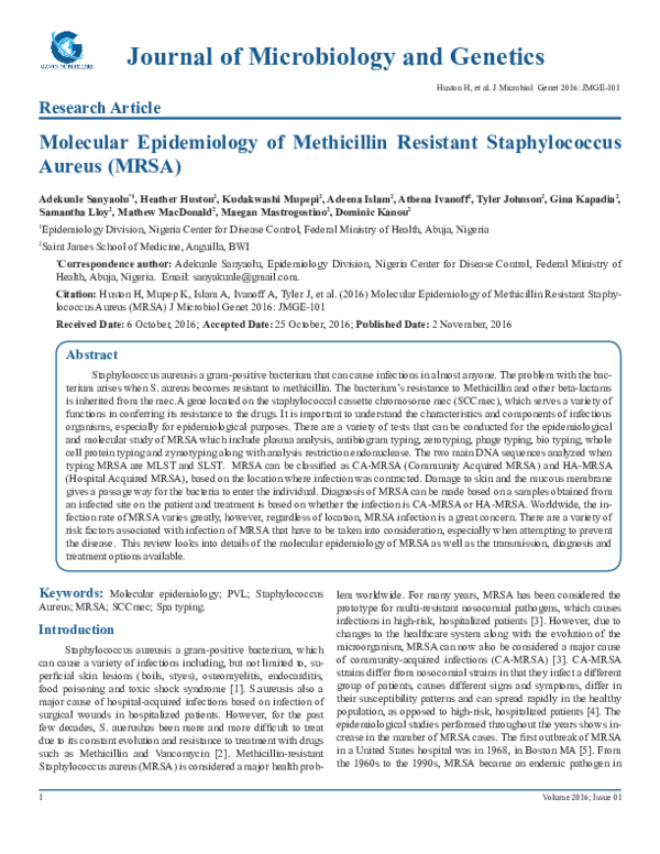 (PDF) Molecular Epidemiology of Methicillin Resistant Staphylococcus Aureus (MRSA