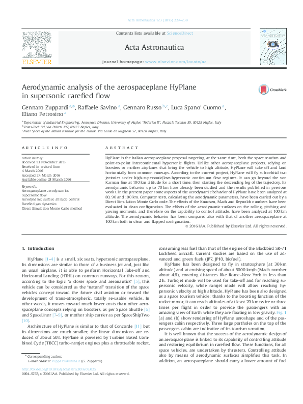 (PDF) Aerodynamic Analysis of Hyplane in Supersonic, Rarefied Flow