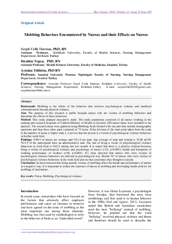 (PDF) Mobbing Behaviors Encountered by Nurses and their Effects on Nurses