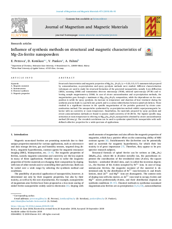 (PDF) Influence of Synthesis Methods on Structural and Magnetic Characteristics of Mg–Zn-Ferrite ...