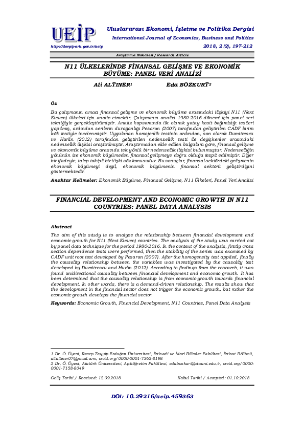 (PDF) FINANCIAL DEVELOPMENT AND ECONOMIC GROWTH IN N11 COUNTRIES: PANEL ...