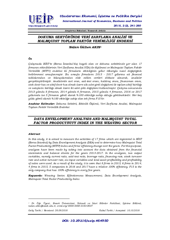 (PDF) DATA ENVELOPMENT ANALYSIS AND MALMQUIST TOTAL FACTOR PRODUCTIVITY INDEX IN THE WEAVING ...