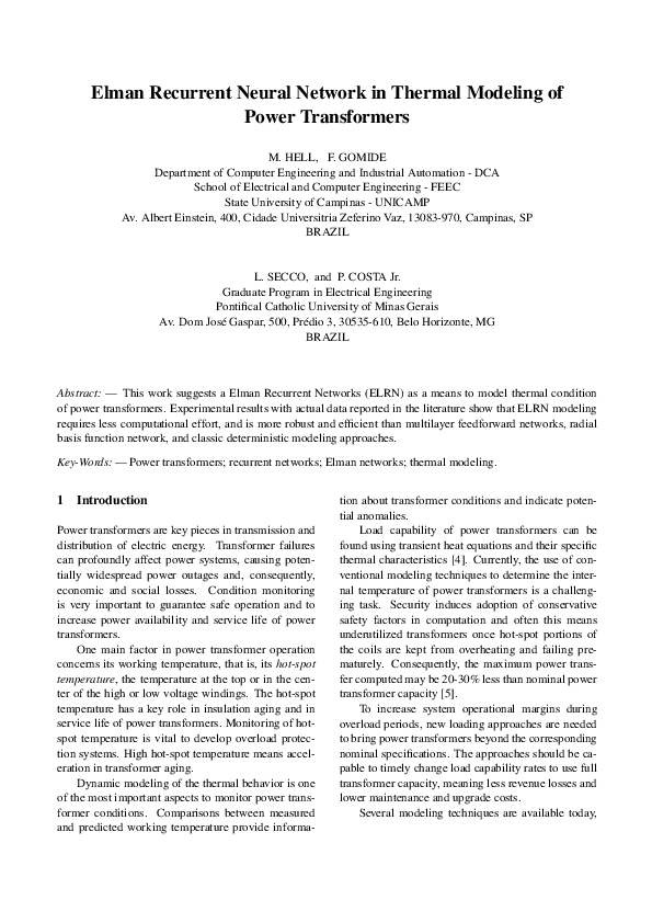 (PDF) Elman Recurrent Neural Network in Thermal Modeling of Power Transformers