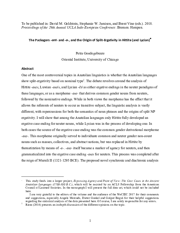(PDF) The Packagers -ant- and -a-, and the Origin of Split-Ergativity ...
