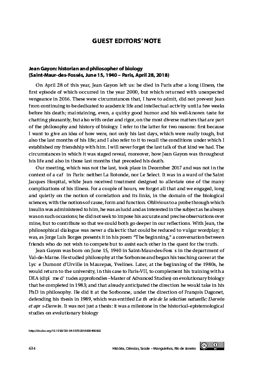 (PDF) GUEST EDITORS' NOTE Jean Gayon: historian and philosopher of ...