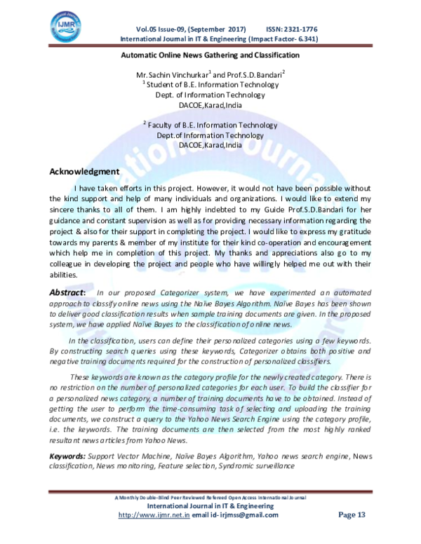 (PDF) Automatic Online News Gathering and Classification