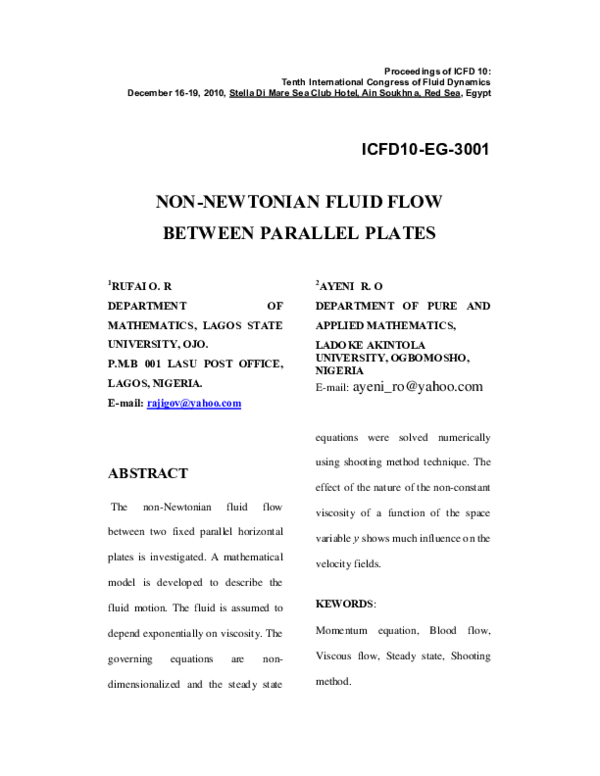 (PDF) NON-NEWTONIAN FLUID FLOW BETWEEN PARALLEL PLATES