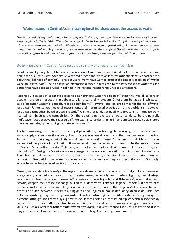 (PDF) Policy Paper –Water Issues in Central Asia: intra-regional ...