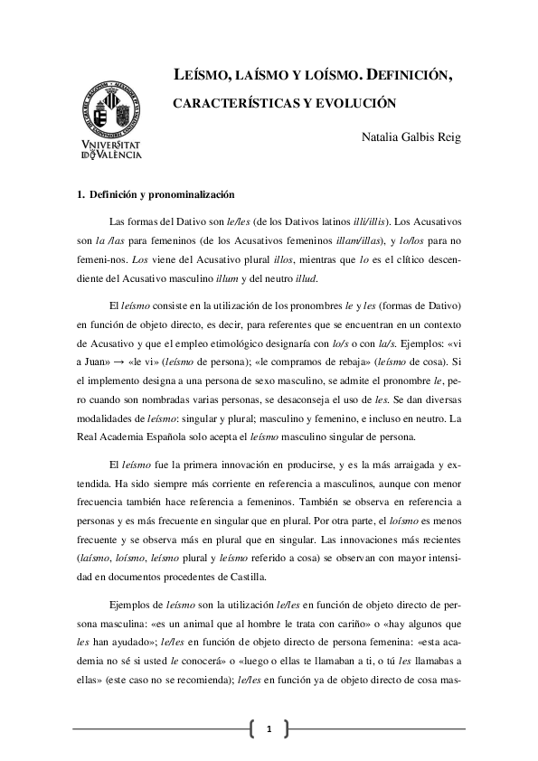 (PDF) Leísmo, laísmo y loísmo. Definición, características y evolución