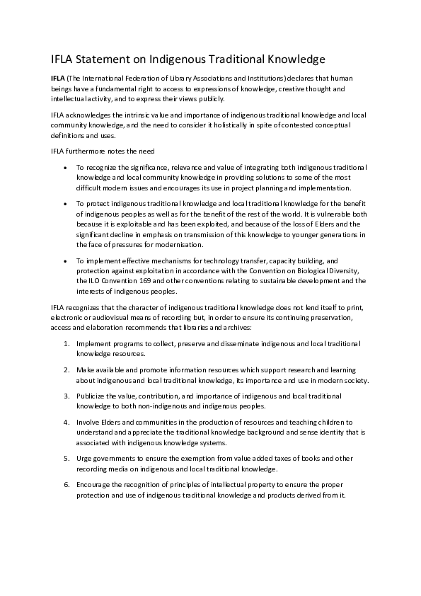 (DOC) IFLA Statement on Indigenous Traditional Knowledge