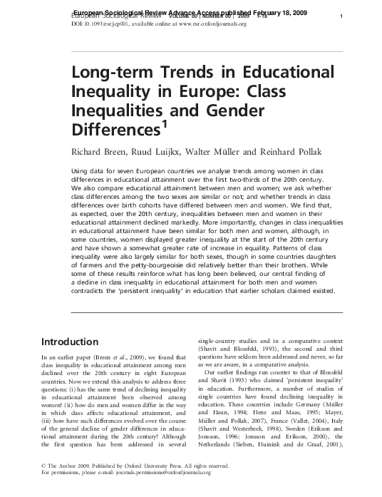 (PDF) Long-term trends in educational inequality in Europe: class inequalities and gender ...