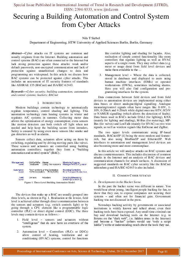 (PDF) Securing a Building Automation and Control System from Cyber Attacks (PDF) Securing a Building Automation and Control System from Cyber Attacks