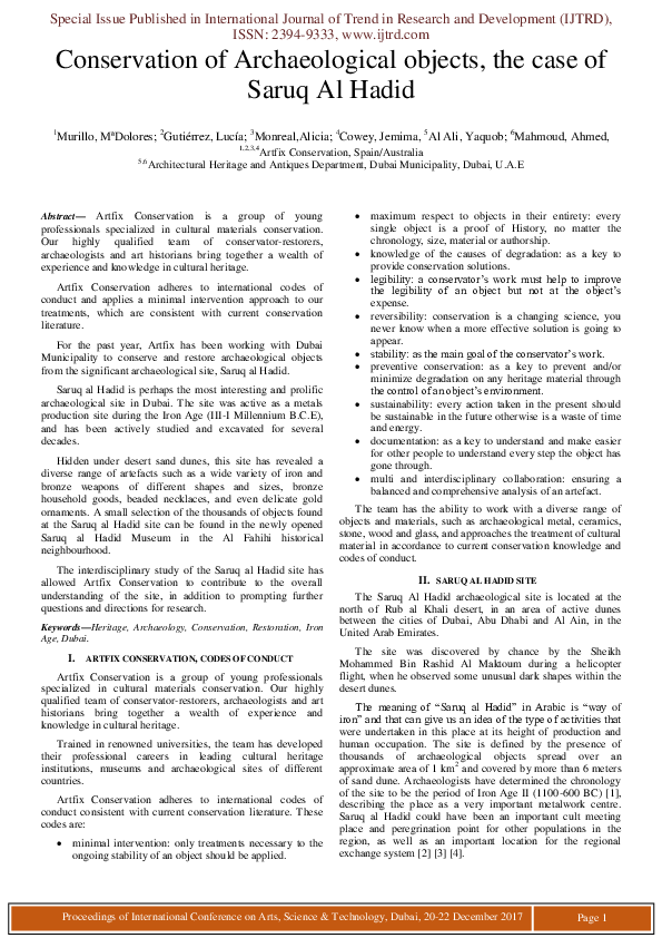 (PDF) Conservation of Archaeological objects, the case of Saruq Al Hadid