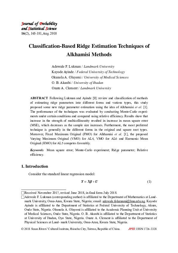 Pdf Classification Based Ridge Estimation Techniques Of Alkhamisi Methods