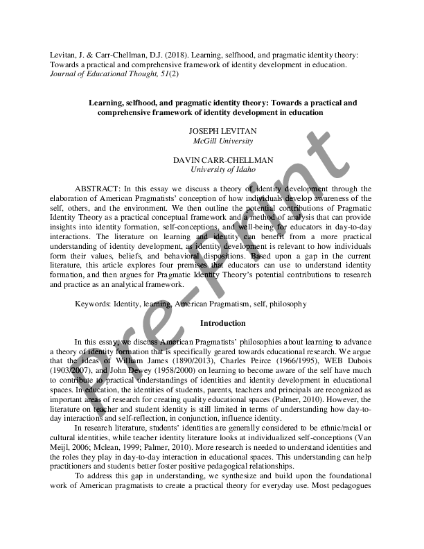 (DOC) Learning, selfhood, and pragmatic identity theory: Towards a ...