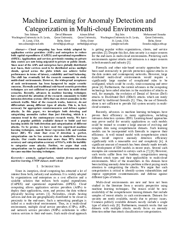 Pdf Machine Learning For Anomaly Detection And Categorization In Multi Cloud Environments